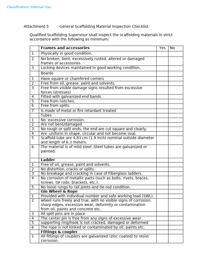Attachment 5 - General Scaffolding Material Inspection Checklist | PDF ...