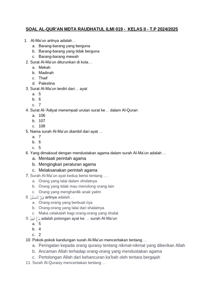 Soal Al-Qur'an Mdta Raudhatul Ilmi 019 - Kelas Ii - T | PDF