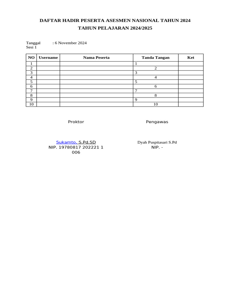 Daftar Hadir Peserta ANBK | PDF