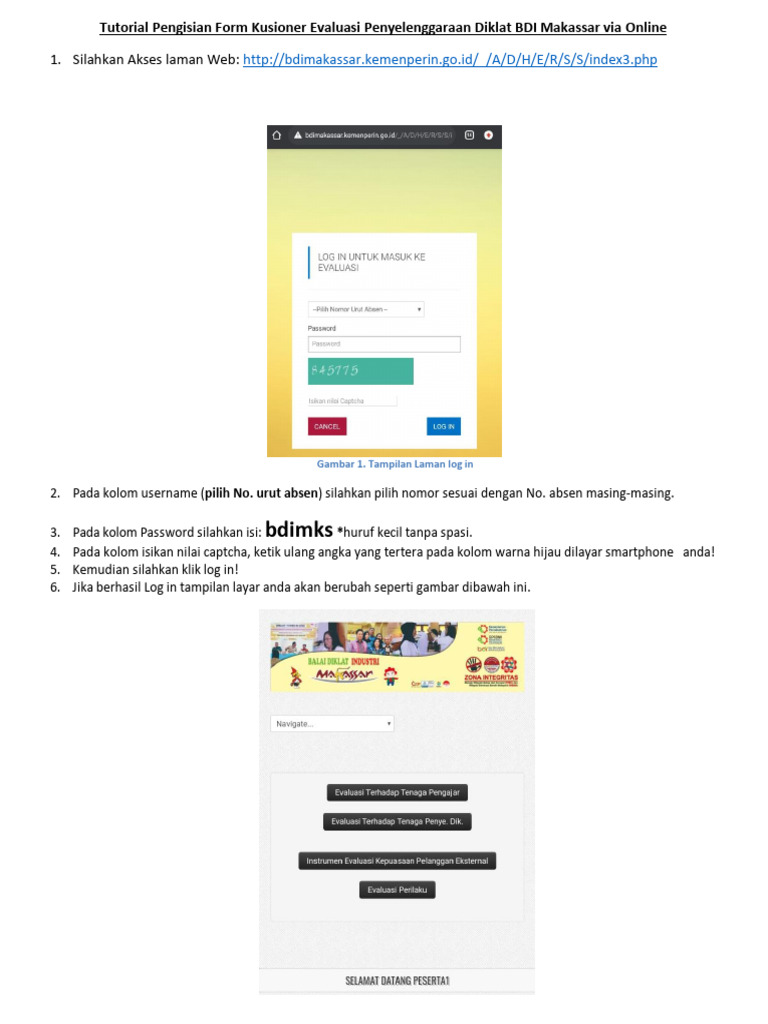 Tutorial Pengisian Form Kusioner Evaluasi Penyelenggaraan Diklat BDI Makassar Via Online | PDF ...