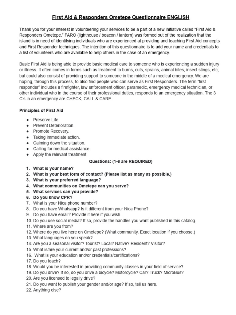 First Aid & Responders Ometepe Questionaire ENGLISH | PDF | First Aid ...