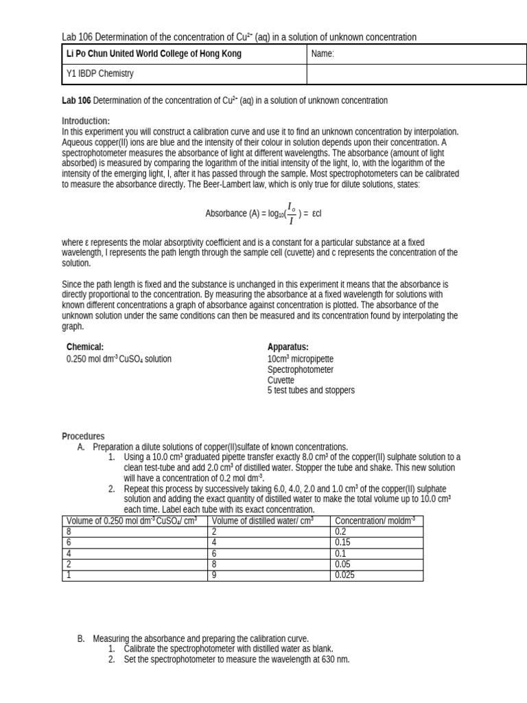 Lab 106 Determination of Copper Ions Concentration | PDF | Absorbance ...