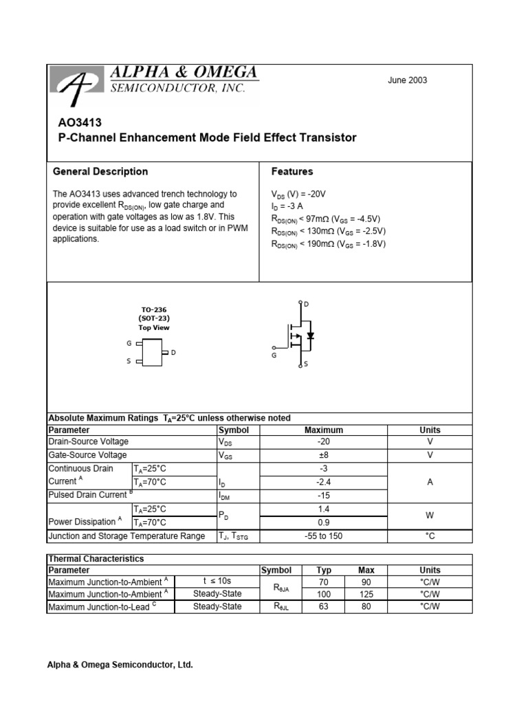AO3413 P-Channel Enhancement Mode Field Effect Transistor: Features ...