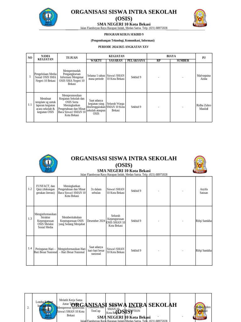 Program Kerja Sekbid 9 OSIS SMAN 10 Bekasi | PDF