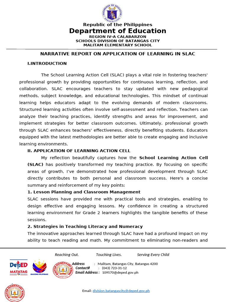 Narrative On Application of Slac-Amy Fallar | PDF | Teachers | Learning