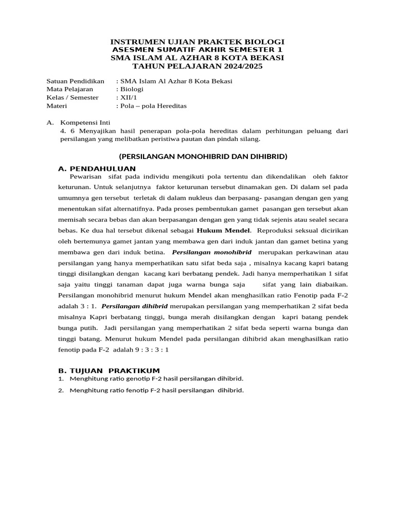Instrumen Ujian Praktek Biologi Asas 1 Kelas Xii | PDF