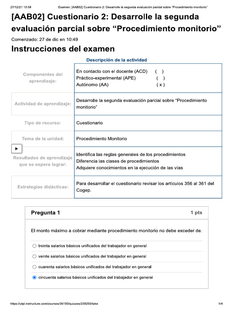 Examen - (AAB02) Cuestionario 2 Procedimiento Monitorio | PDF