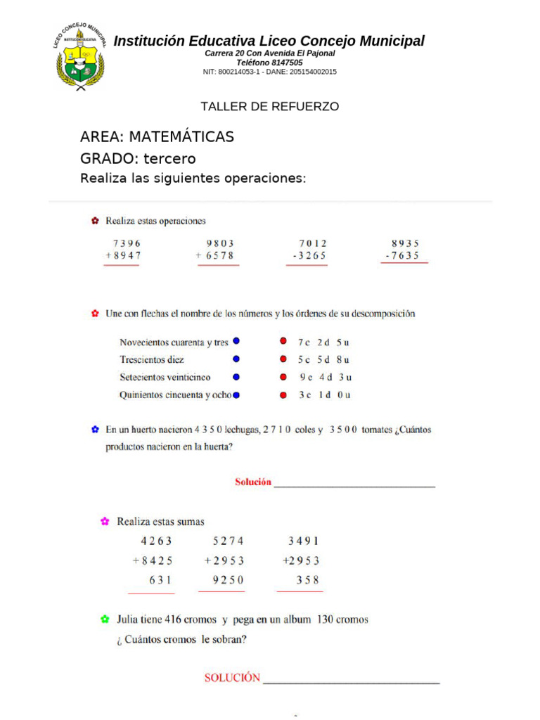 TALLER DE REFUERZO Tercero | PDF