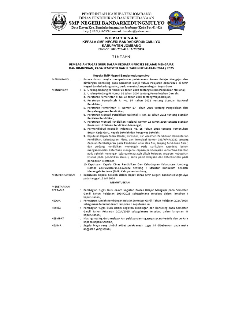 SK Pembagian Tugas Mengajar SMTR Ganjil 2024 - 2025 | PDF