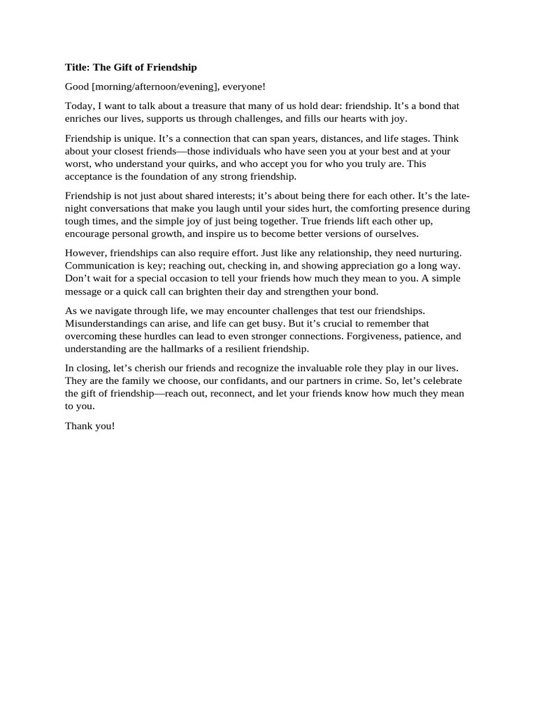 Public Speaking Text (Friendship) | PDF | Career & Growth | Self ...