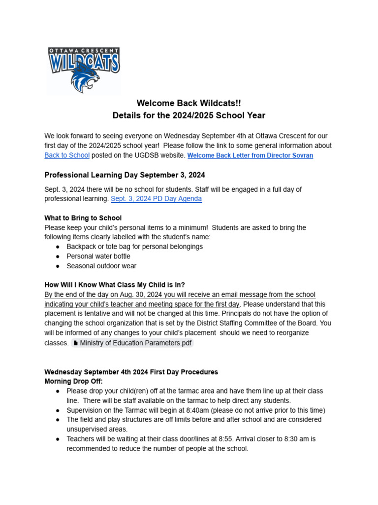 Welcome Back Wildcats! Parent Startup Information 2024 - 2025 | PDF