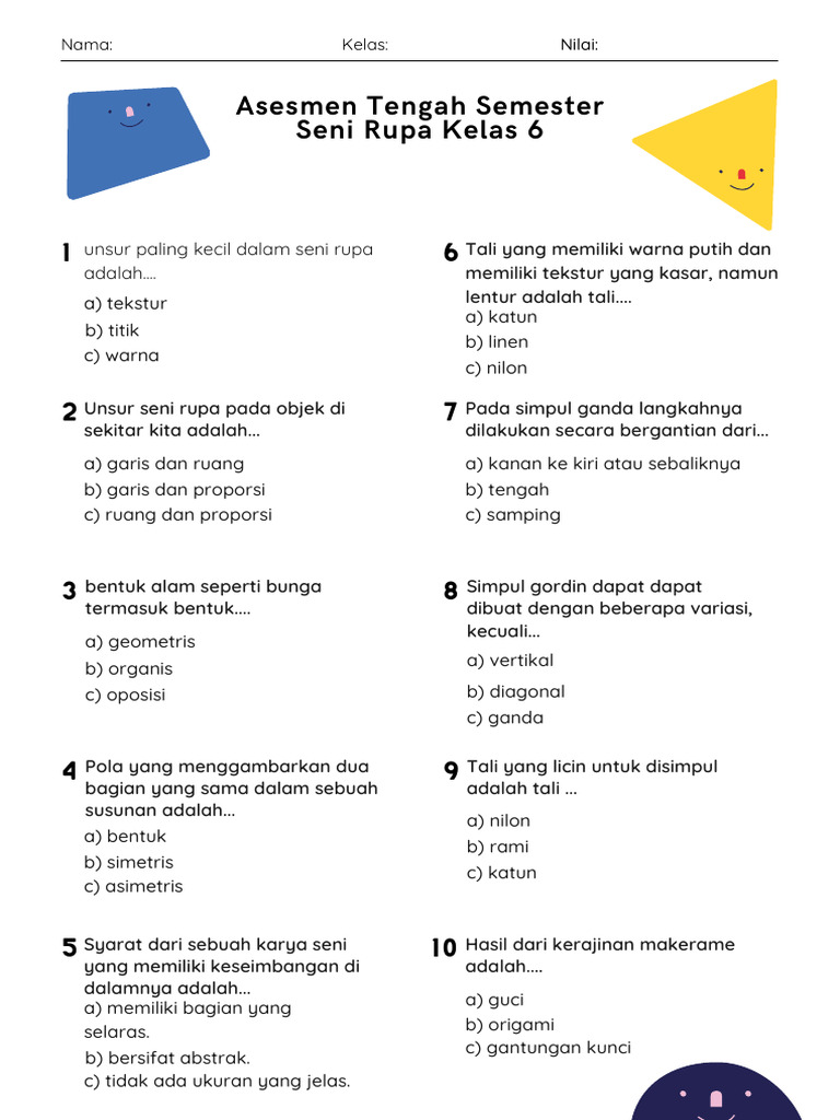 2d Shapes Multiple Choice Quiz Worksheet In Colorful Simple Style