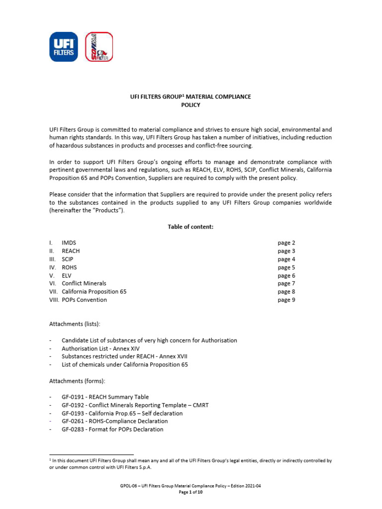 GPOL-06 - Ed2021-04 - UFI Group Material Compliance Policy | PDF | Business