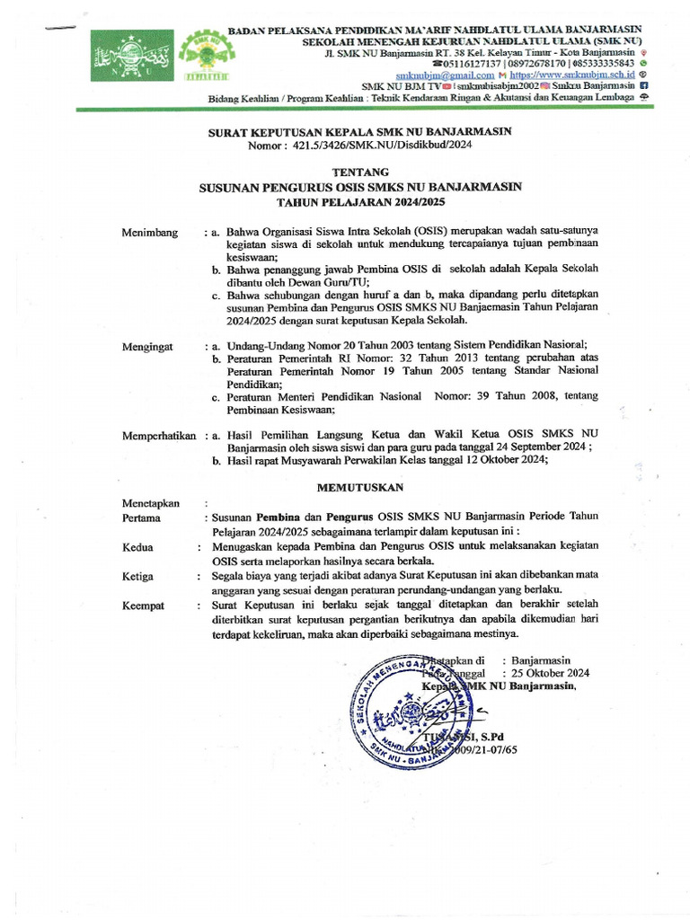 SK Pengurus Osis Tp. 2024-2025 | PDF