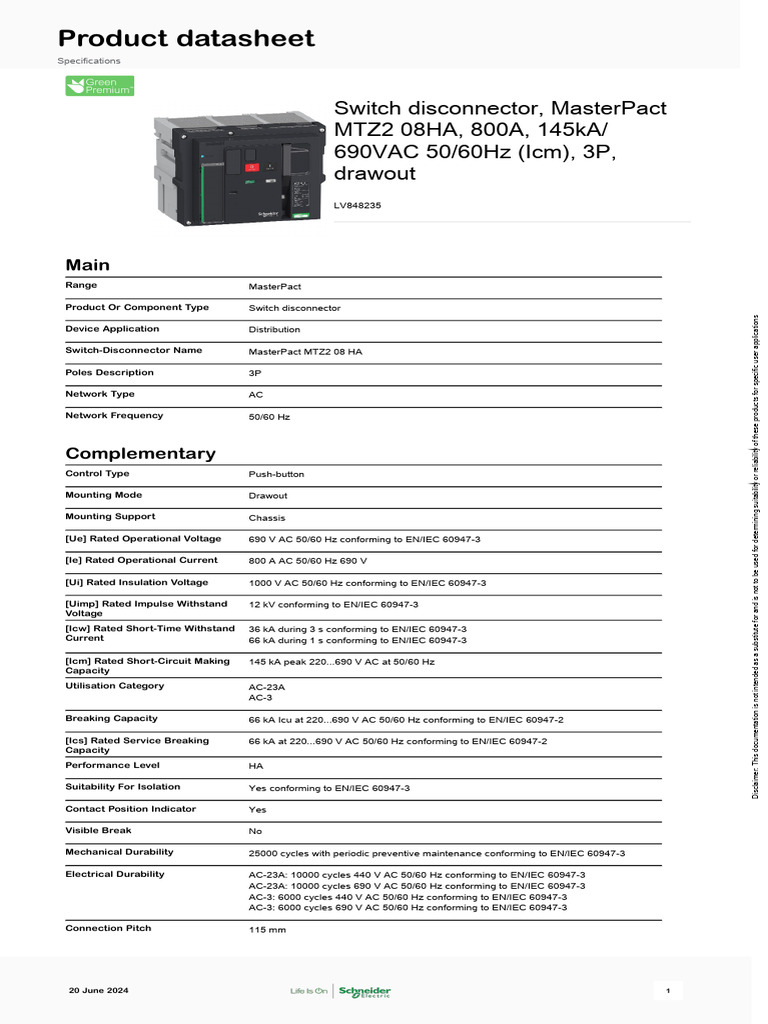 MasterPact MTZ2 800A Switch Disconnector | PDF | Alternating Current ...