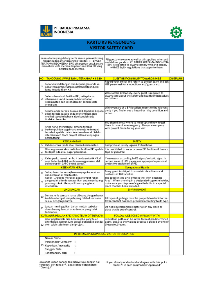 Safety Induction Card For Visitor - Use | PDF