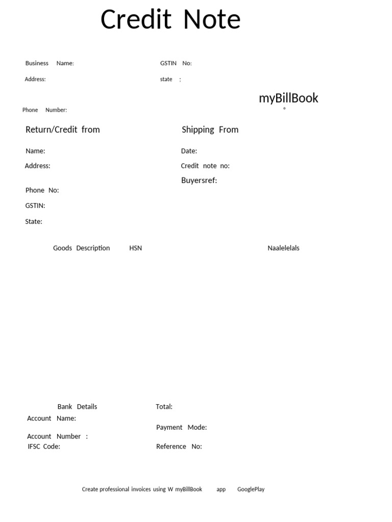 Credit Note Template for myBillBook | PDF