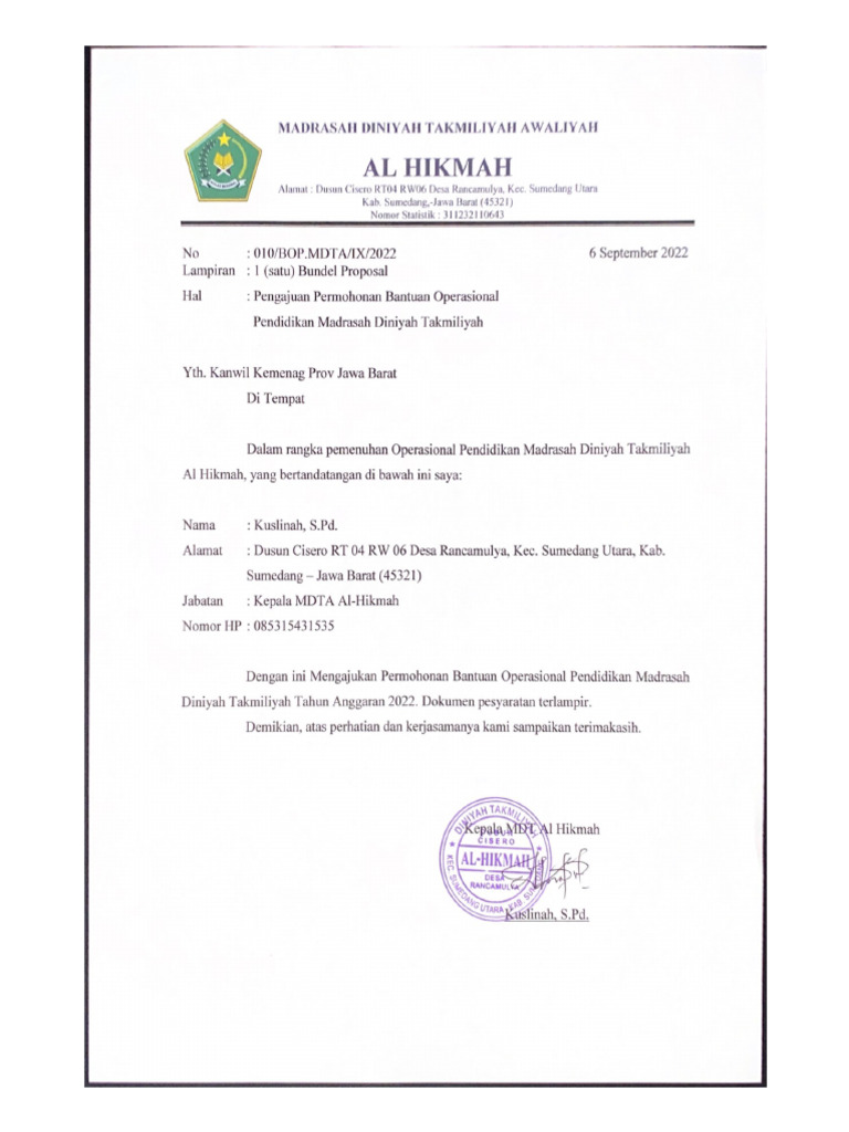 Madrasah Diniyah Takmiliyah Awaliyah | PDF