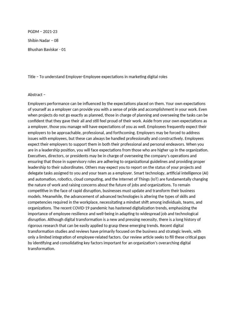 Research Paper Abstract - PGDM (Shibin-08, Bhushan-01) | PDF | Leadership | Employment