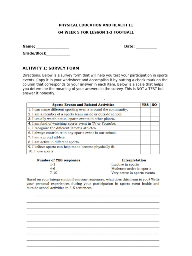 Pe and Health 11 Activity Sheet For Football | PDF