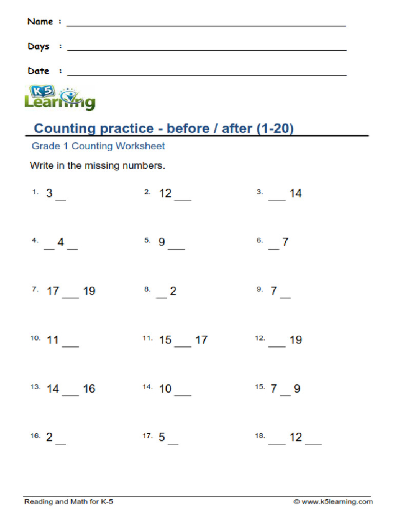 Grade 1 Counting Practice Before After A 001 | PDF