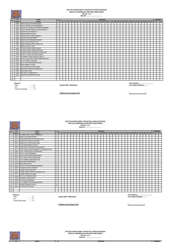 Absensi Peserta Didik 2023-2024 - Guru Mapel | PDF