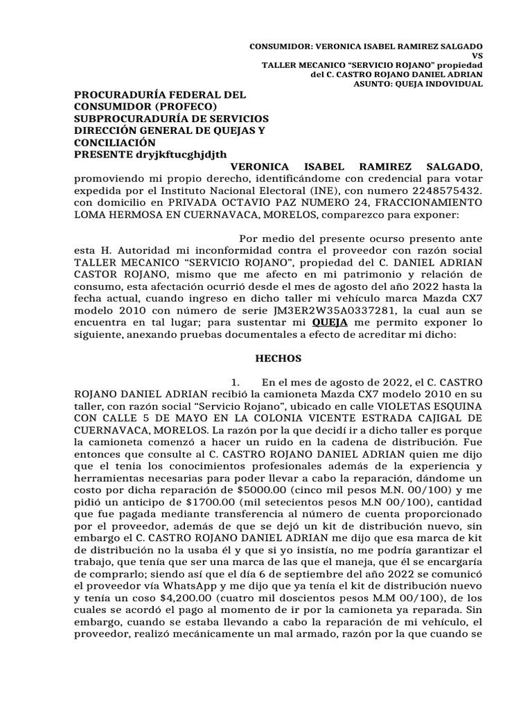 Queja PROFECO: Taller Rojano y Mazda CX7 | PDF