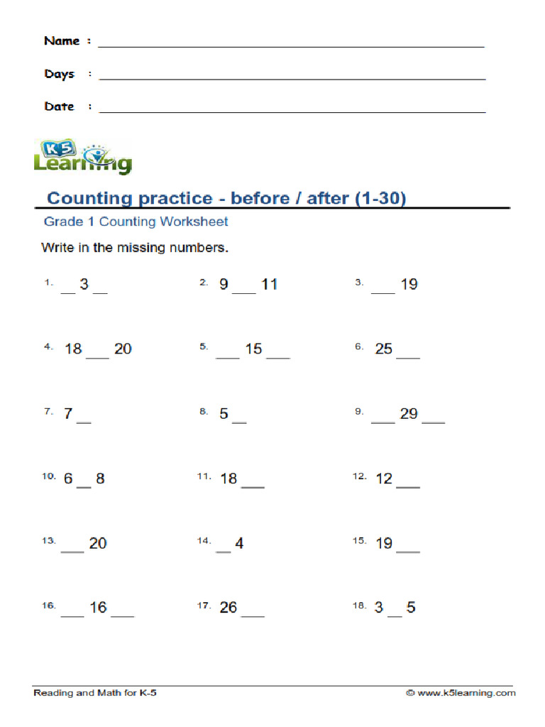 Grade 1 Counting Practice Before After D - 001 | PDF