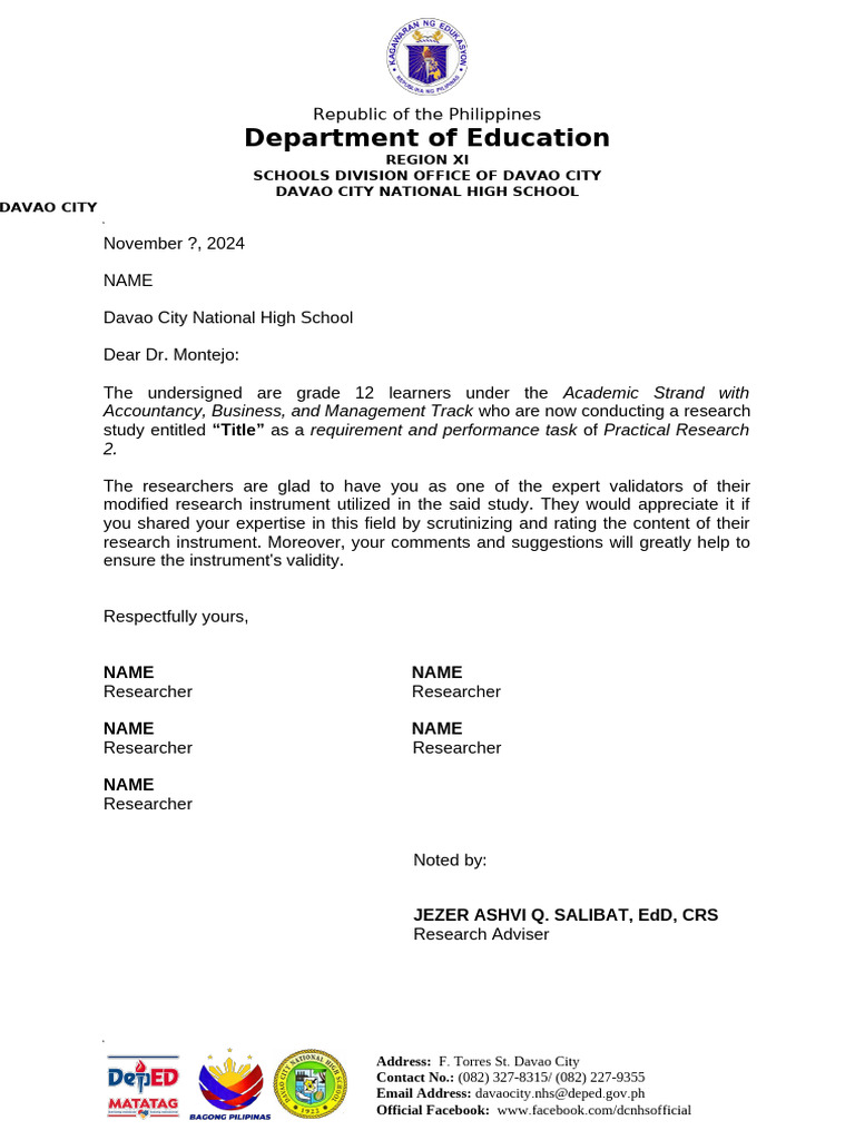 DCNHS 2024 - Letter To Expert Validators and Validation Sheet | PDF | Psychology | Cognition