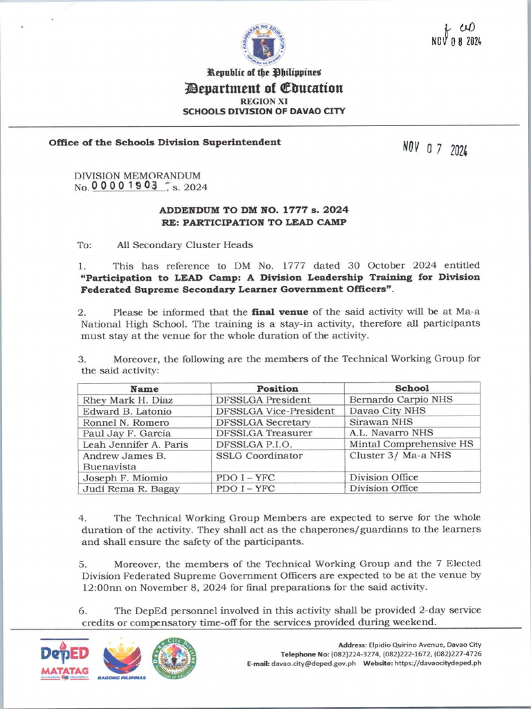2024-DM No. 1903 - ADDENDUM TO DM NO. 1777 S 2024 RE PARTICIPATION TO ... 2024-DM No. 1903 - ADDENDUM TO DM NO. 1777 S 2024 RE PARTICIPATION TO ...