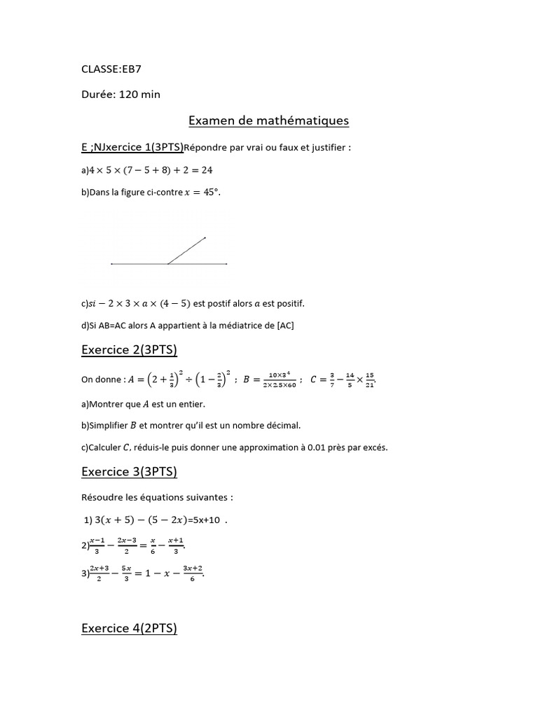Examen de Maths EB7 avec Correction | PDF | Méthodes et références ...