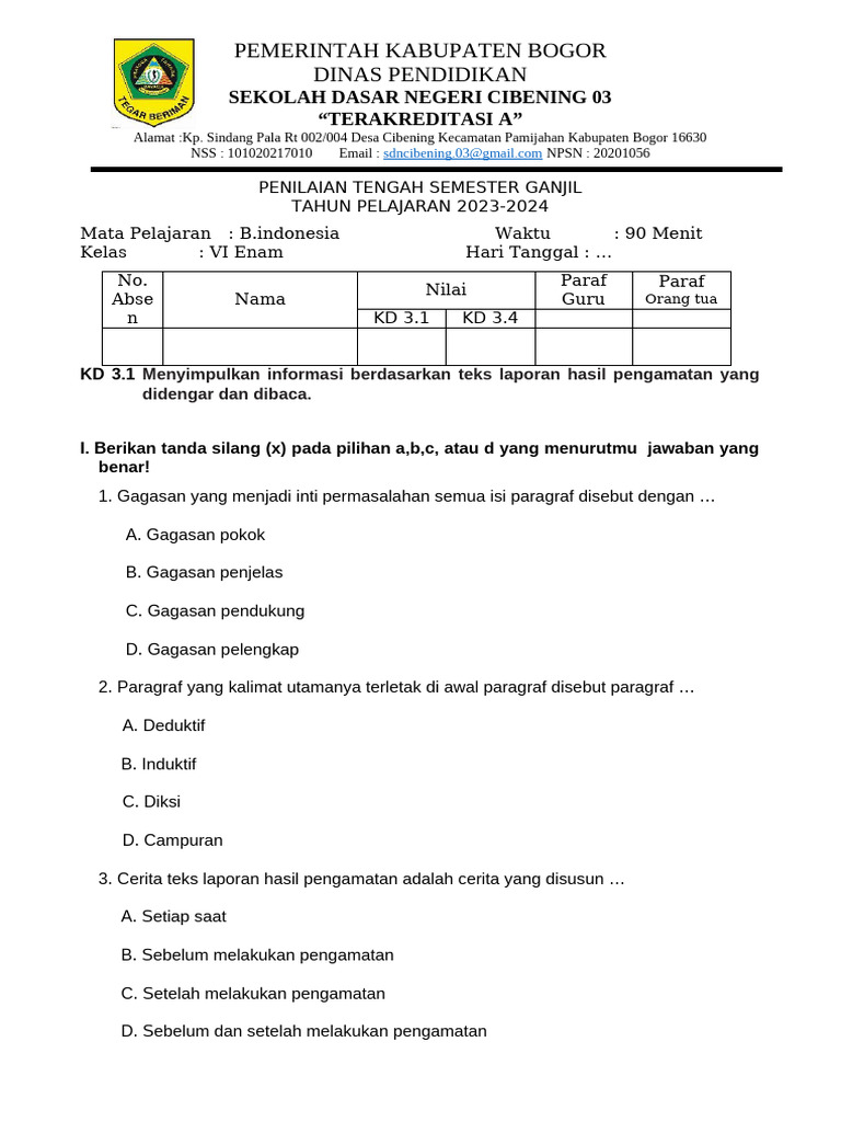 Soal PTS B. Indo KLS 6 | PDF