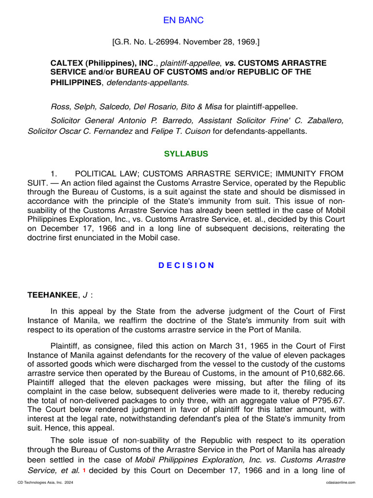 Caltex (Philippines.), Inc. v. Customs Arrastre Service | PDF | Sovereign Immunity | Lawsuit