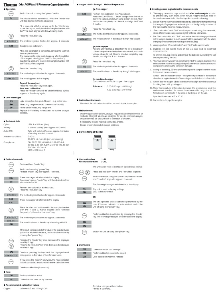 II Photometer Copper (Biquinoline) Kupfer-B-Gb | PDF | Calibration | Copper