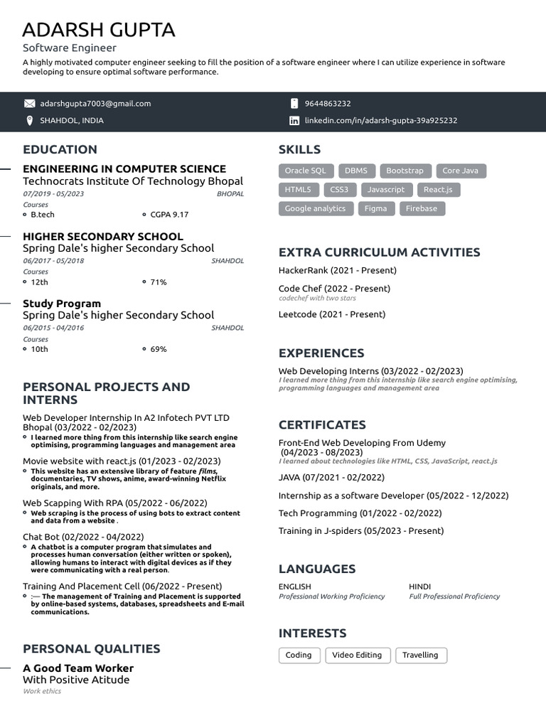 Adarsh's Resume | PDF | Databases | Software Adarsh's Resume | PDF | Databases | Software