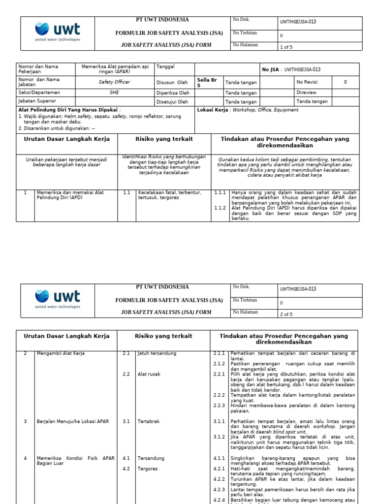 13. JSA-013- Memeriksa Alat pemadam api ringan (APAR) | PDF