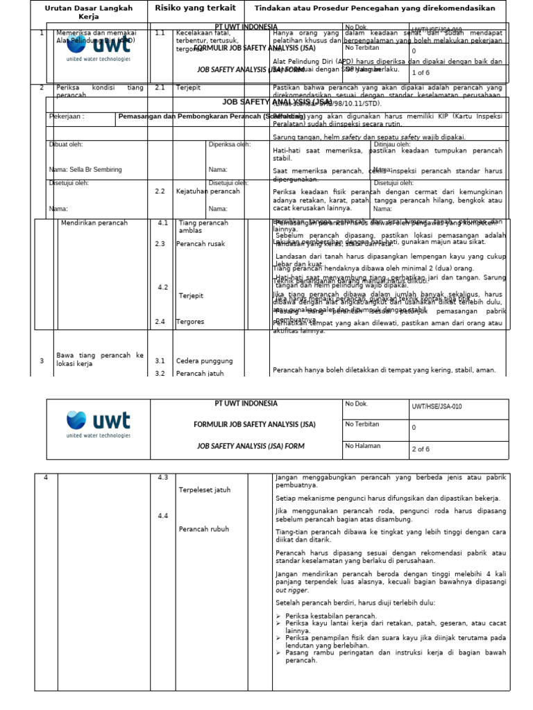 JSA Pemasangan Perancah Aman | PDF