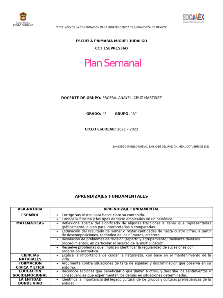 Plan Semanal 4º Grado 2021-2022 | PDF