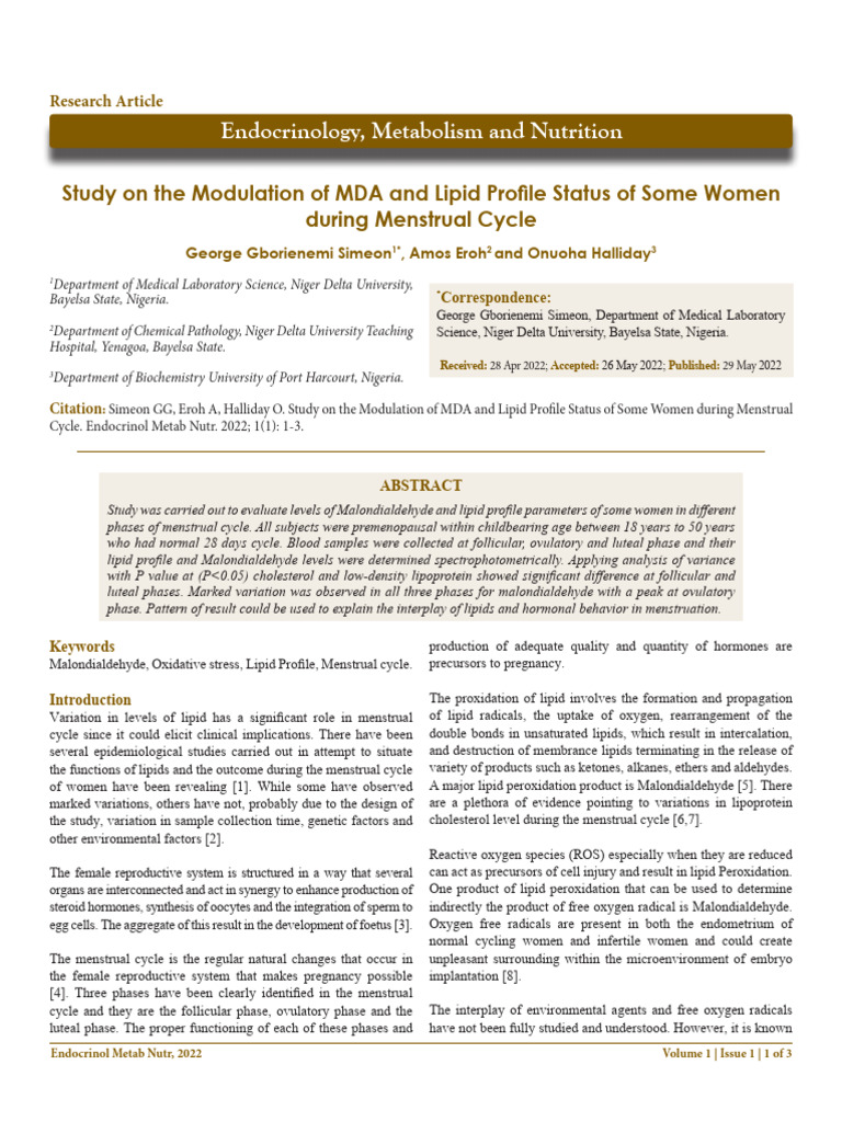 MDA and Lipid Profile in Menstrual Cycle | PDF | Menstrual Cycle ...