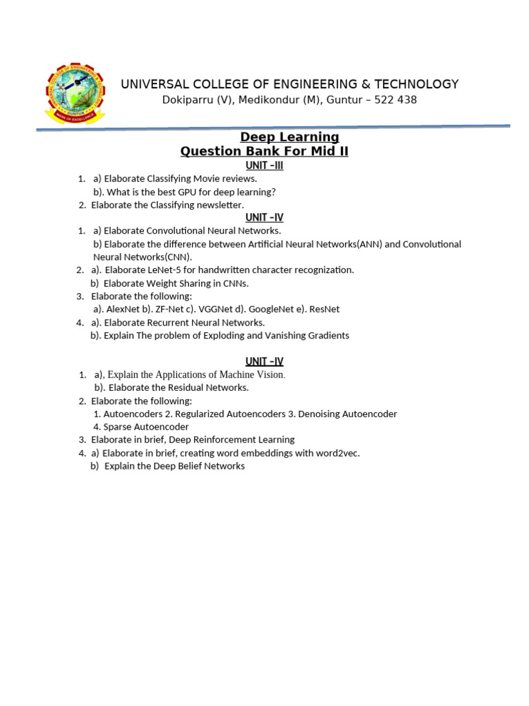 DeepLearning MidII QuestionBank | PDF