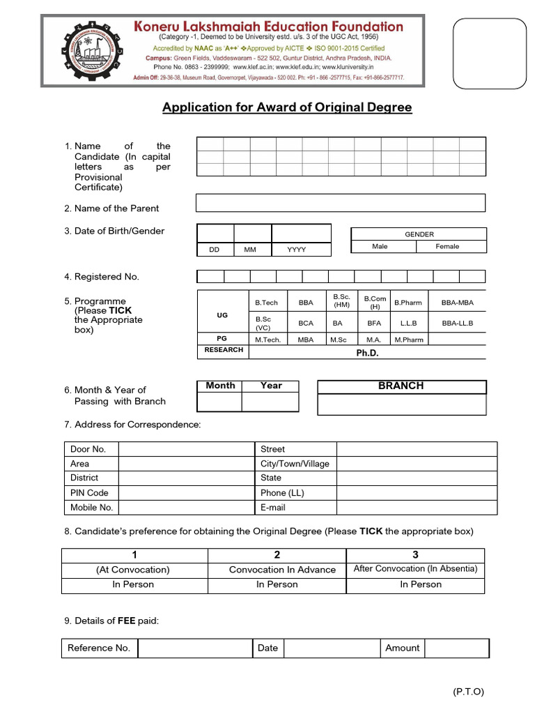 Application For Award of Original Degree: Branch | PDF