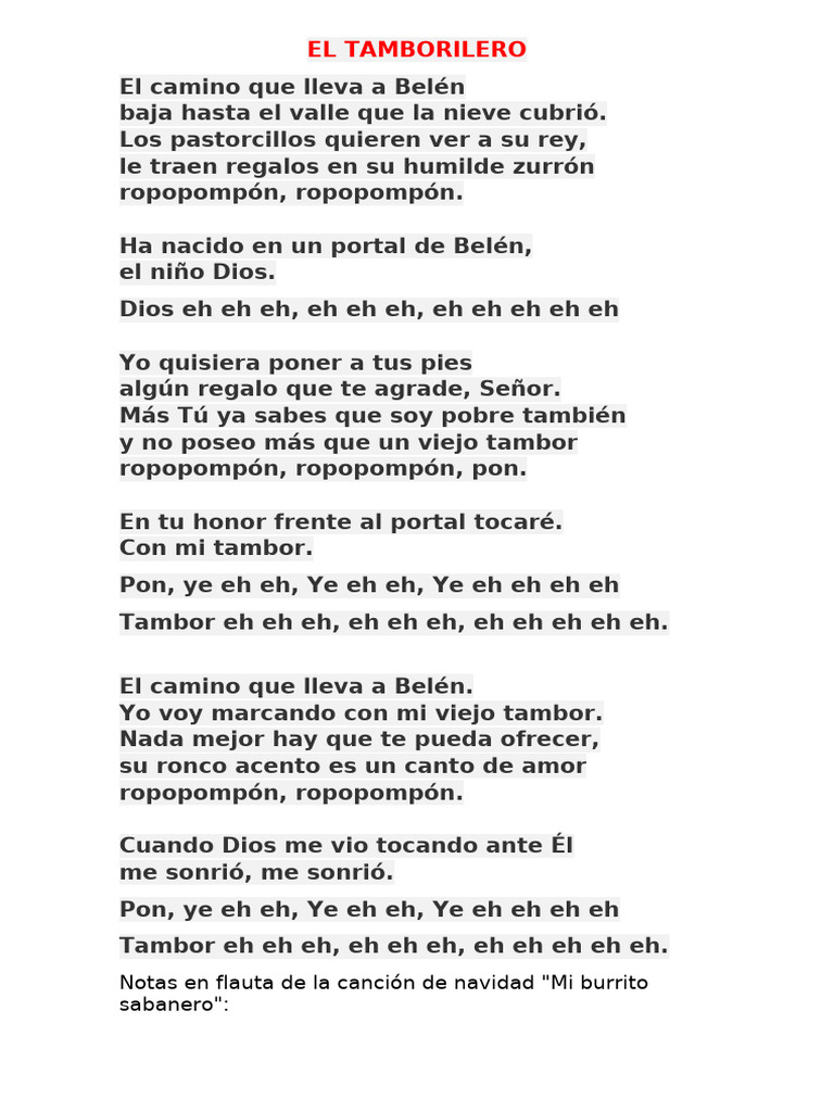 El Tamborilero. Letra, Con Mi Burrito Sabanero | PDF | Arte