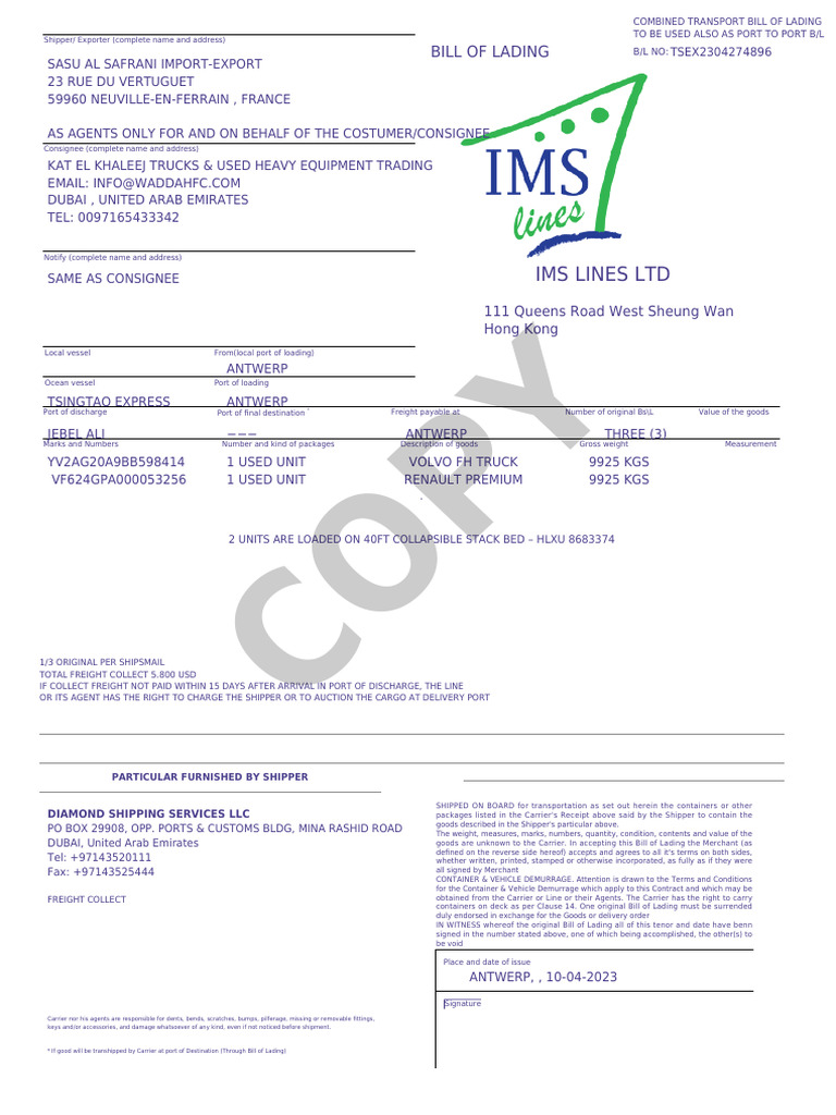 IMS Lines BL Draft | PDF | Cargo | Bill Of Lading