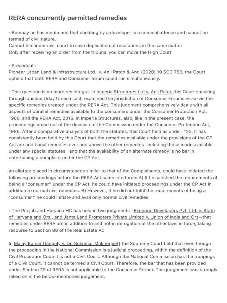 RERA and Consumer Forum Remedies | PDF | Judgment (Law) | Lawsuit