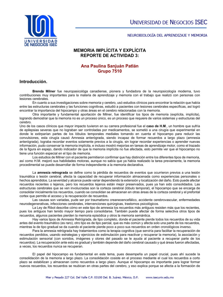 Memoria Implícita y Explícita Reporte de Actividad 3 | PDF | Amnesia ...