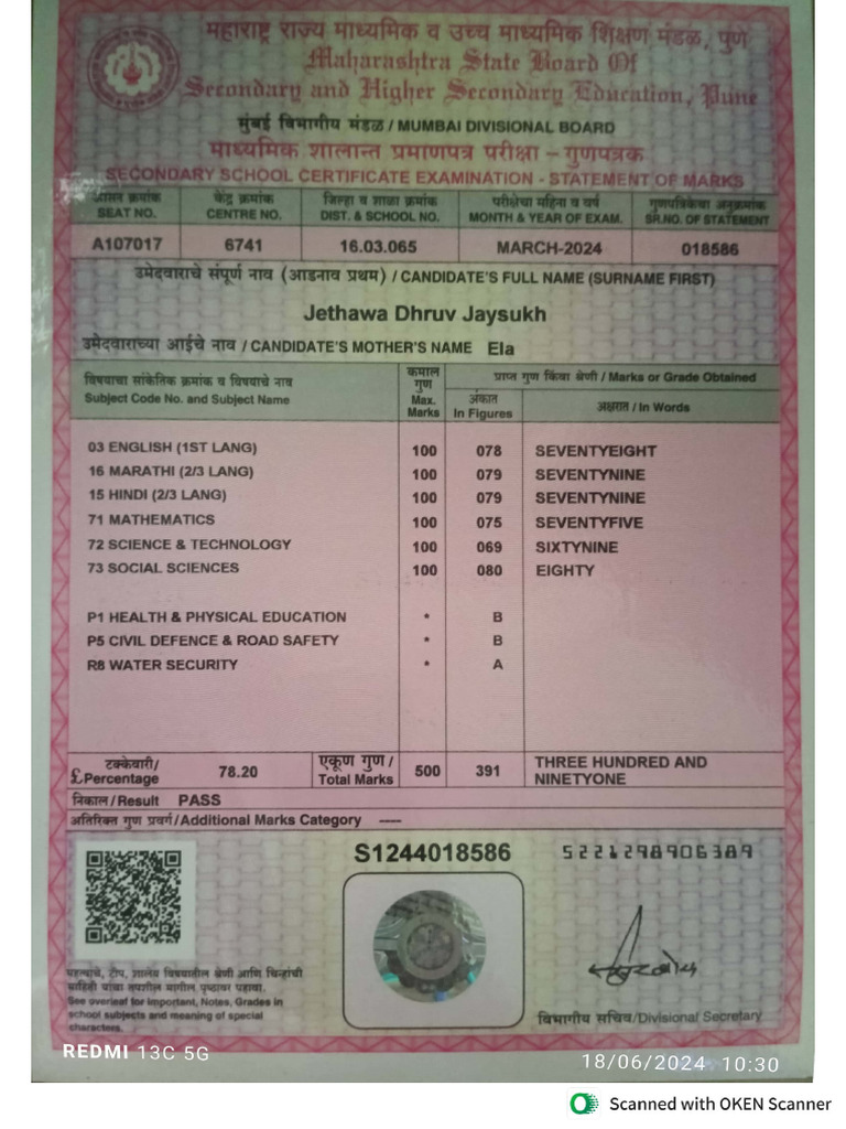 Dhruv SSC Marksheet | PDF