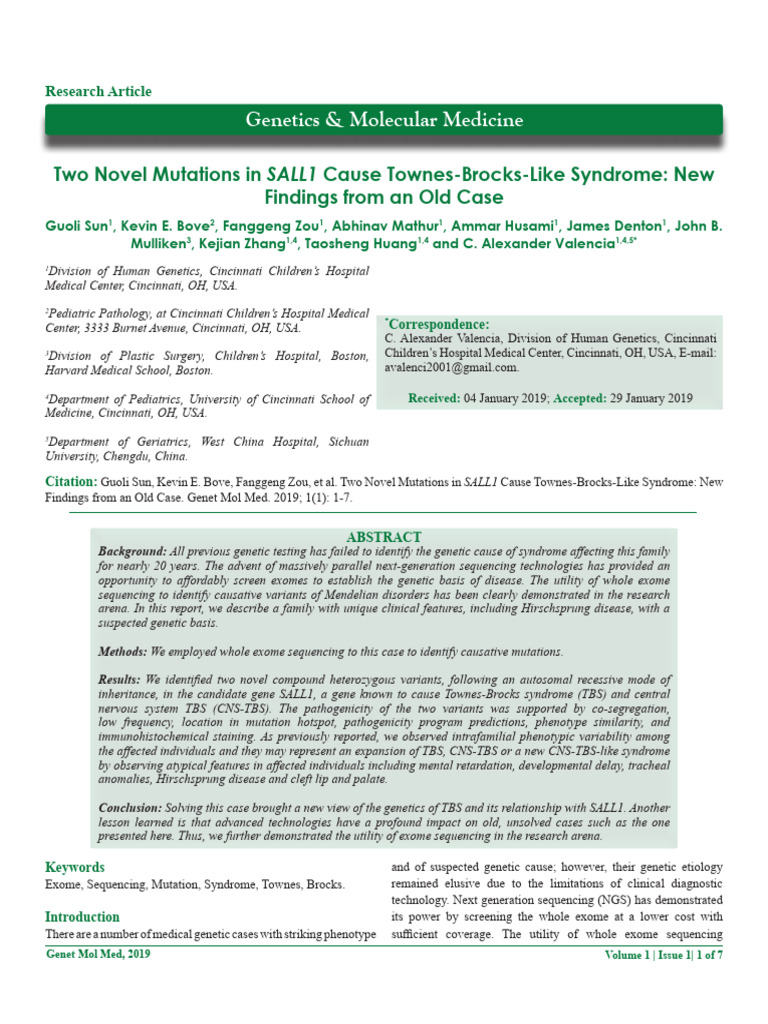 Two Novel Mutations in Sall1 Cause Townesbrockslike Syndrome New Findings From An Old Case 655 ...