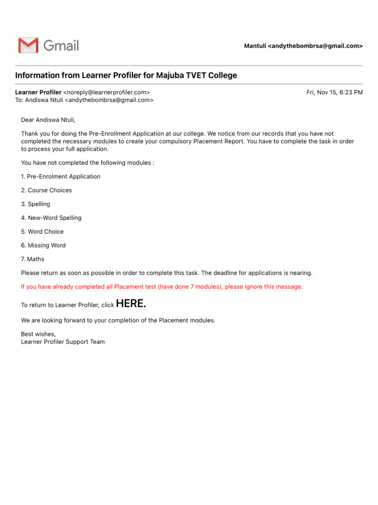 Information From Learner Profiler For Majuba TVET College | PDF