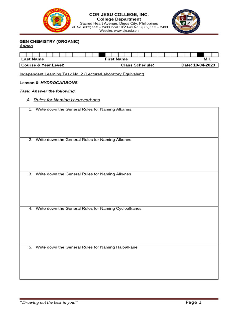 ILT No 2 Adgen Organic Chem ILT Lec Lab Equivalent Task | PDF | Hydrocarbons | Alkene