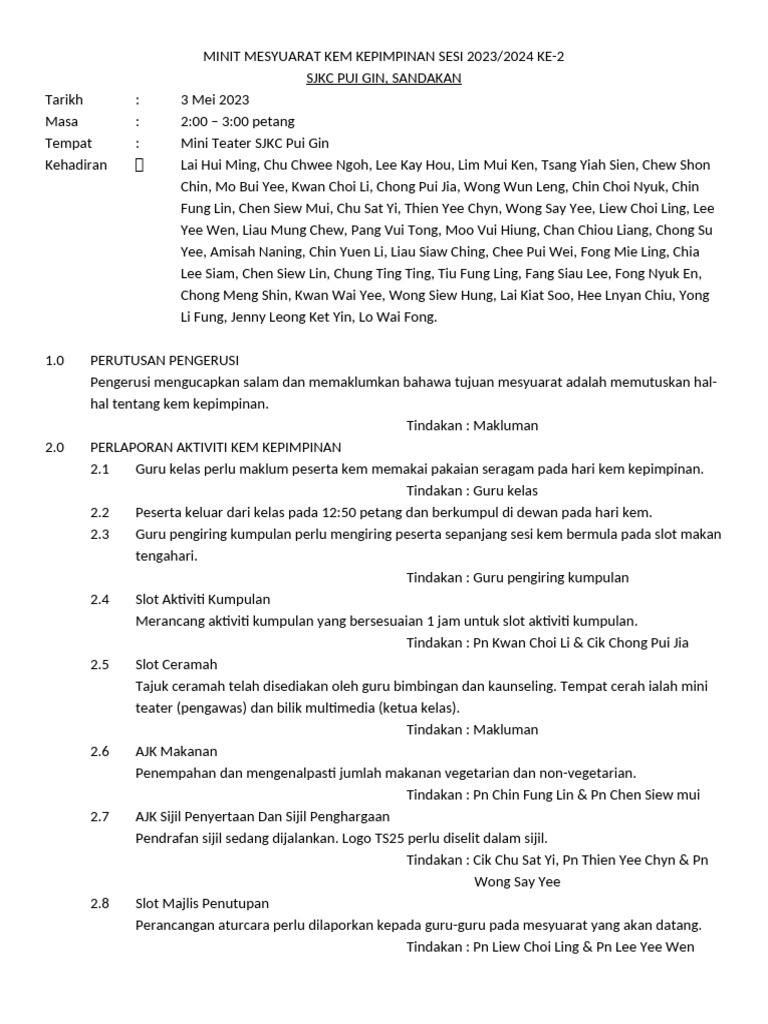 Minit Mesyuarat Kem Kepimpinan Sesi 2023 | PDF